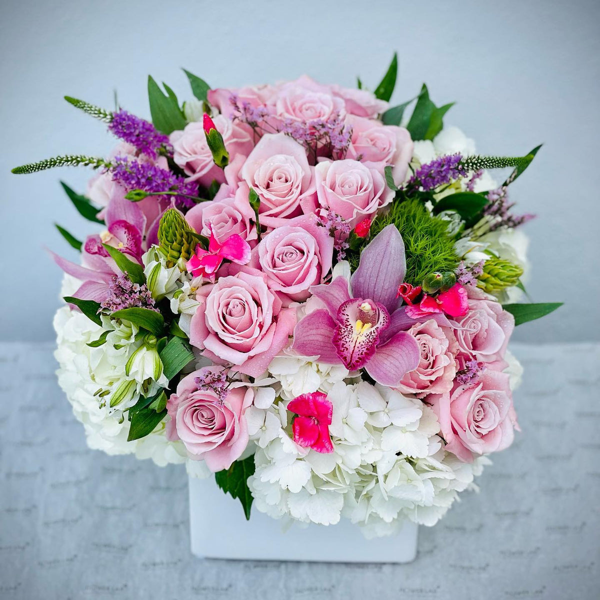 Mothers Day Flower Arrangement with Pink Roses, Alstroemerias, Veronica ...