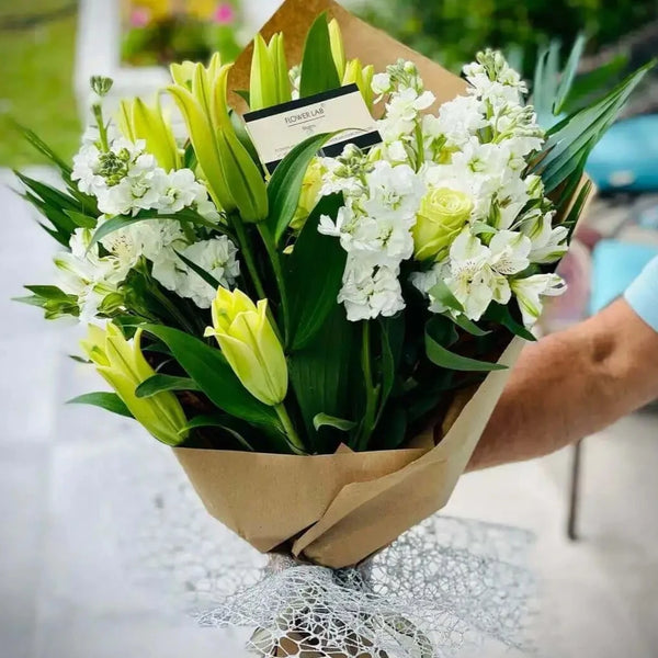 White and Green Wrapped Flower Bouquet Miami Beach - Flower Lab USA